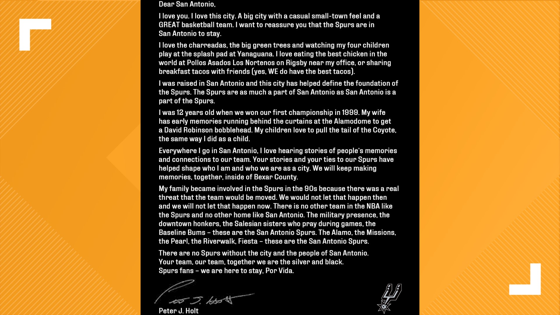 Spurs' Peter J. Holt pens heartfelt letter to San Antonio | kvue.com