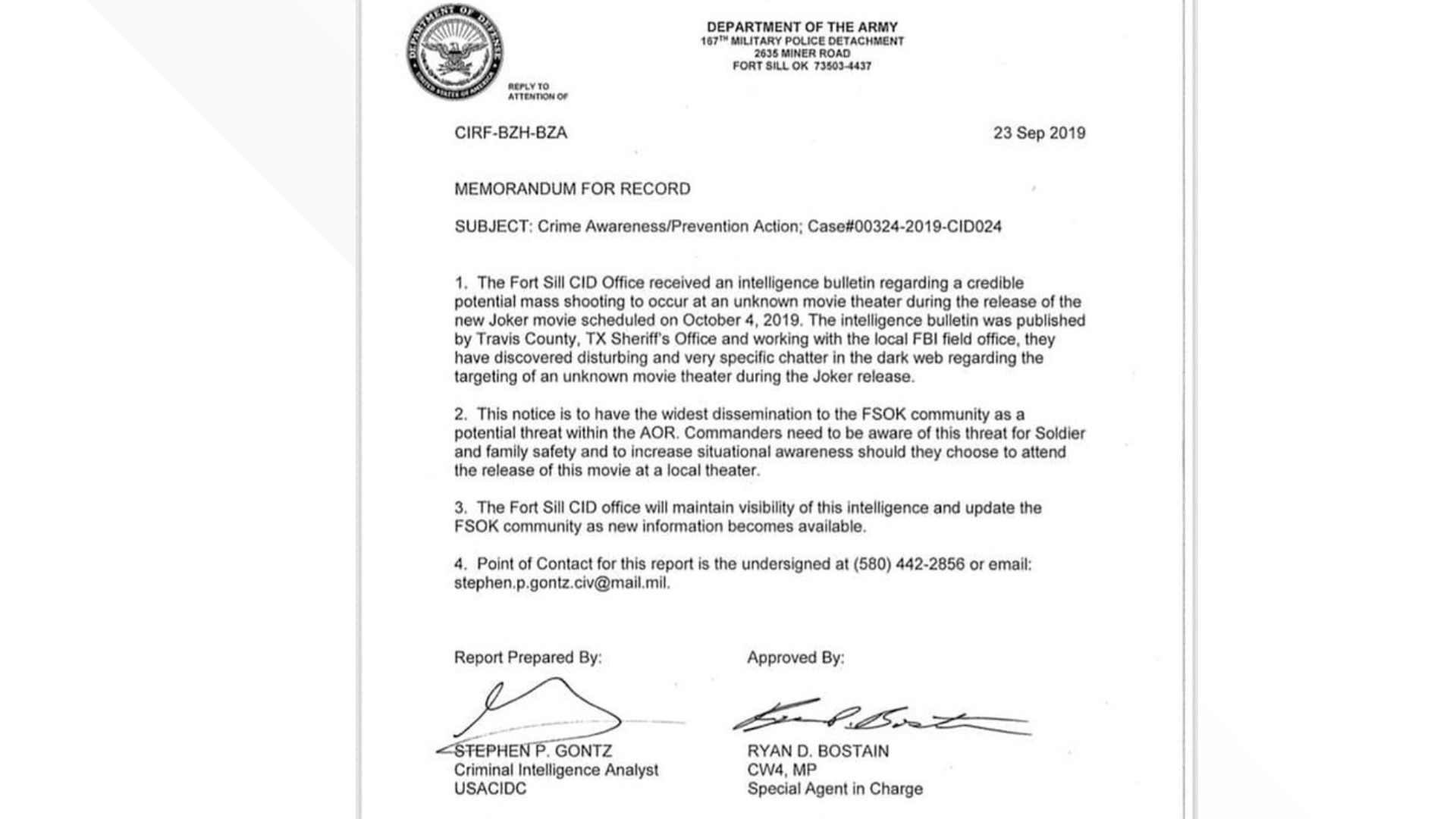 VERIFY: Army memo warns of shooting threat at movie theater | kvue.com