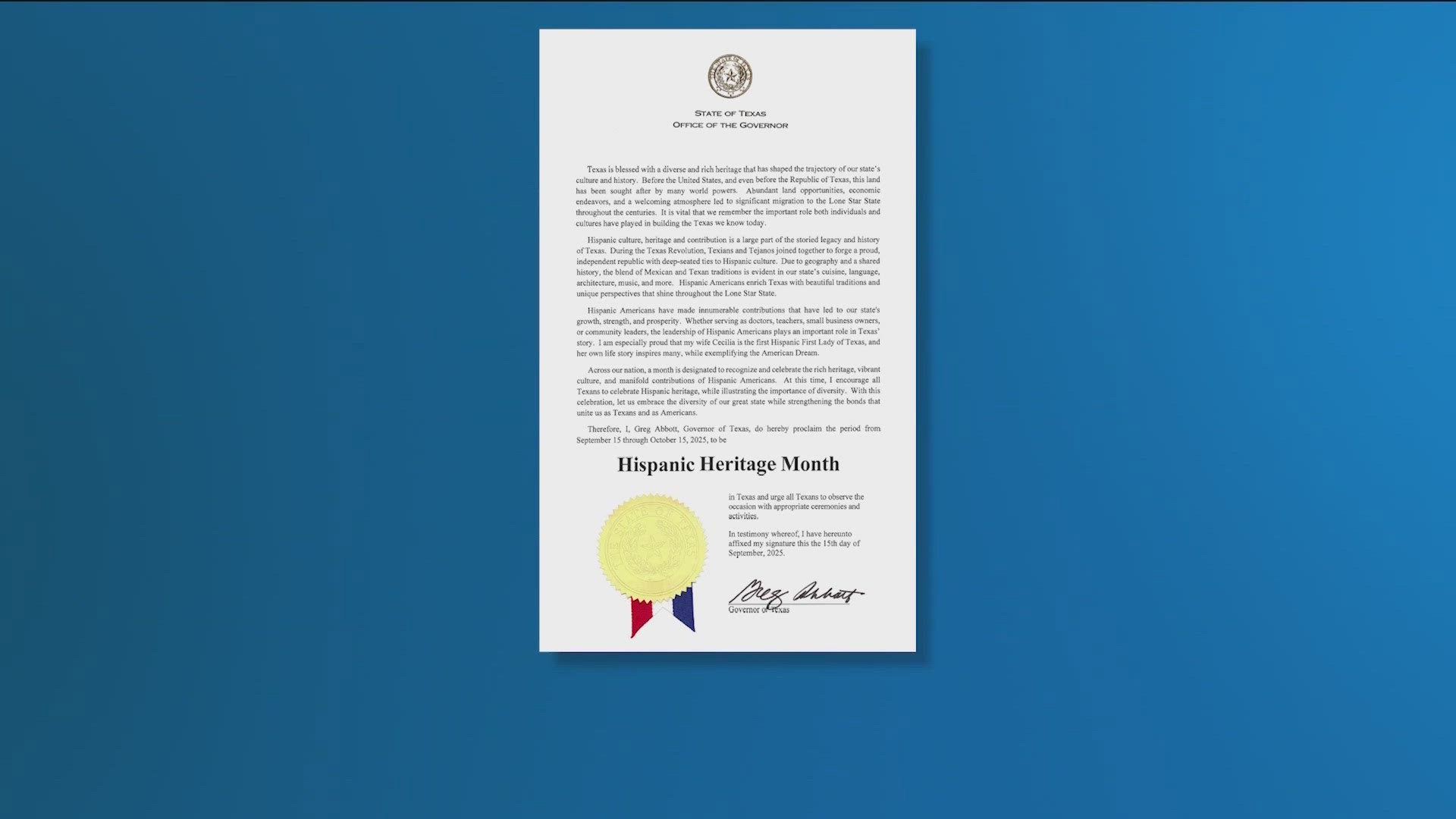Texas Gov. Greg Abbott issues proclamation honoring start of Hispanic ...