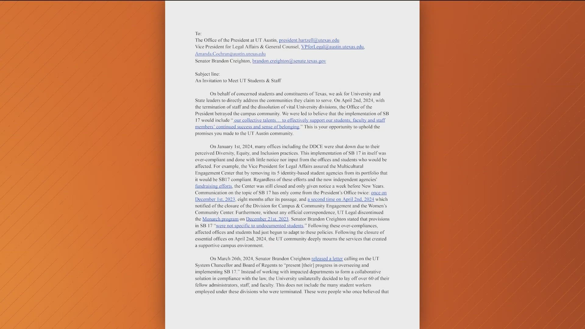 University of Texas at Austin students write letter to university ...