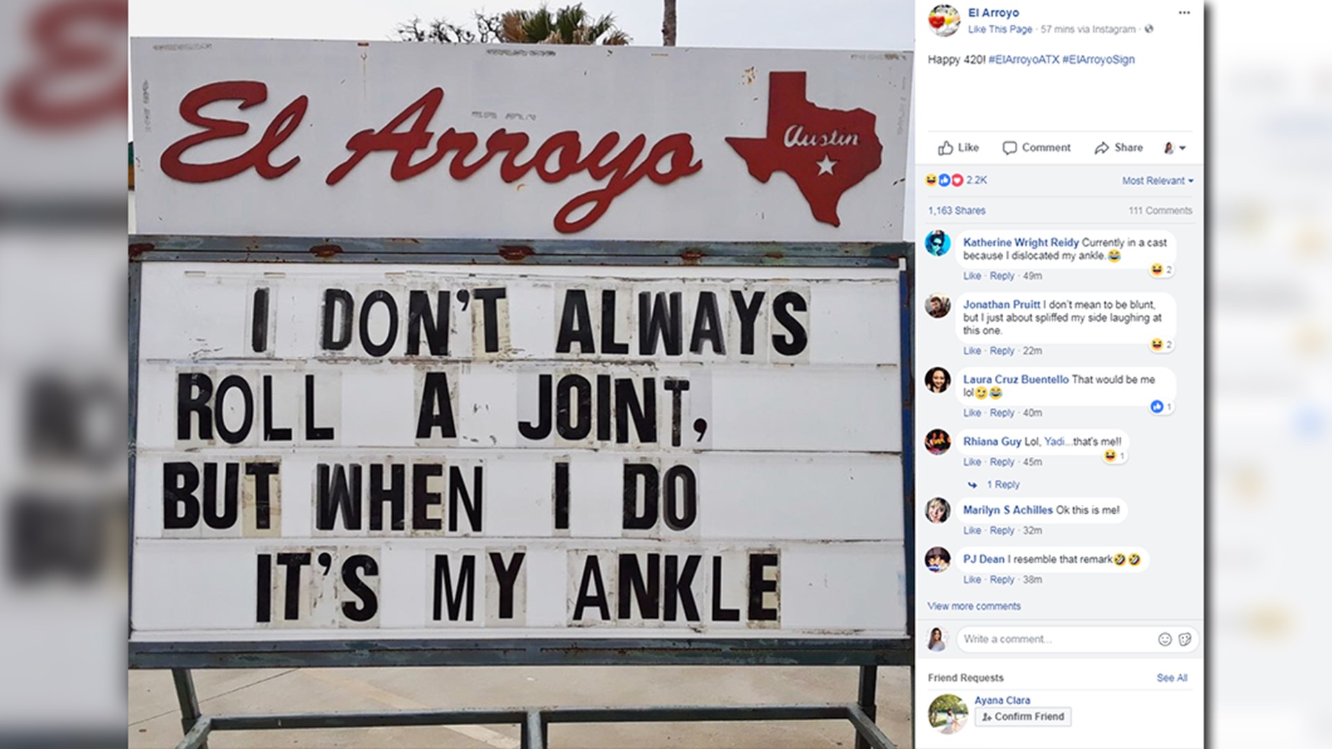 Austin’s El Arroyo sign rolling a different kind of joint on 4/20 ...