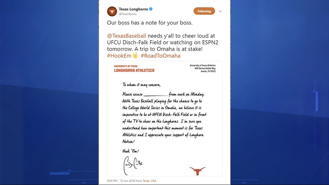 Here's your excuse letter to watch Texas baseball’s big game Monday ...