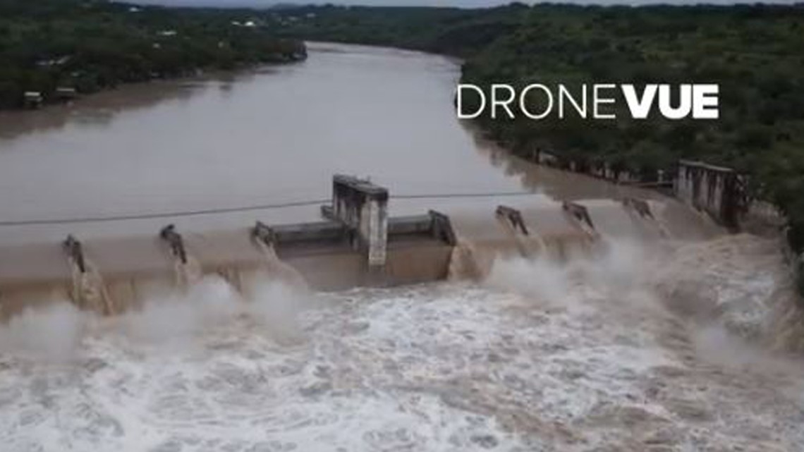 Drone video shows water flooding through Highland Lakes in Texas Hill ...