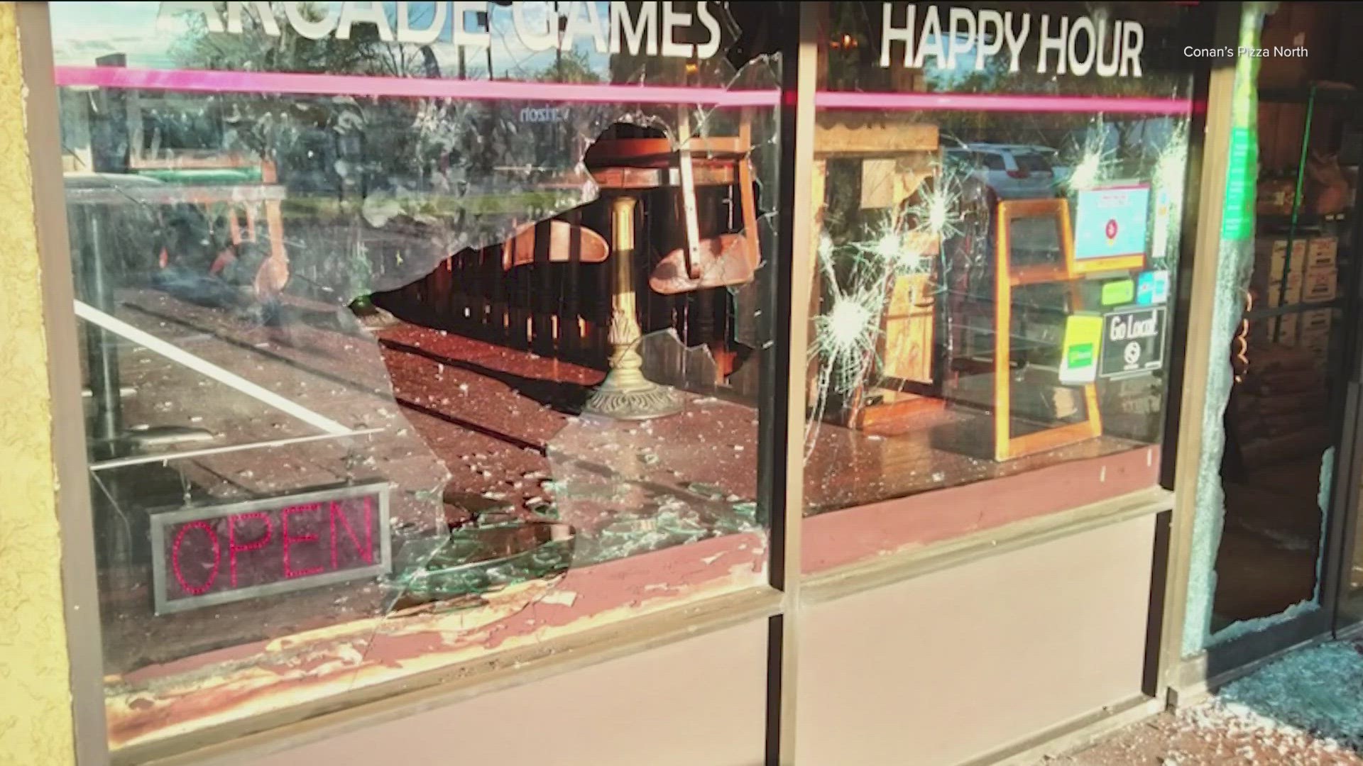 Windows broken at Conan's Pizza North on West Anderson Lane | kvue.com