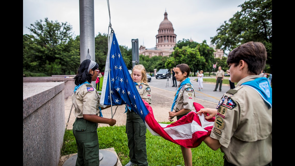 Scouts BSA all-girl troop conducts flag raising ceremony to honor 100 ...