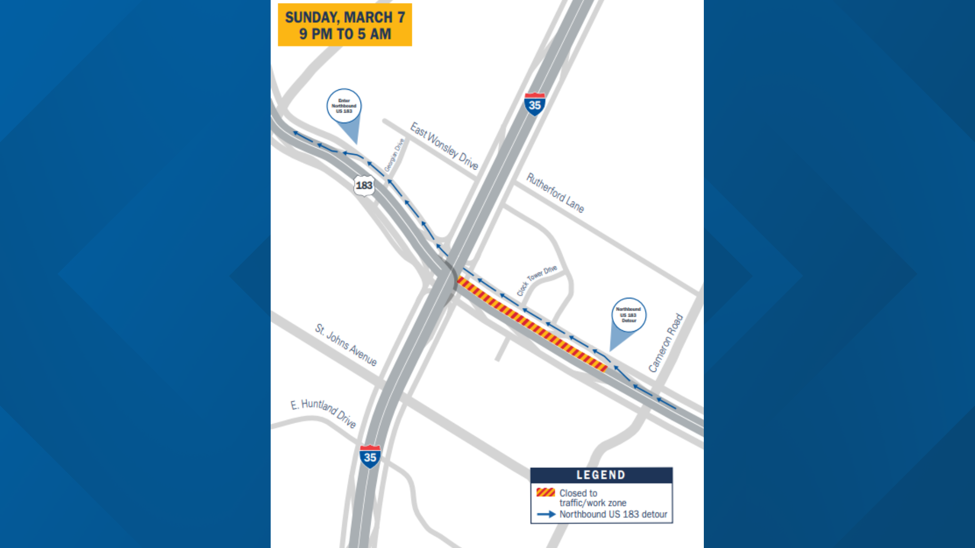Overnight closures planned for US 183 northbound near I-35 starting ...