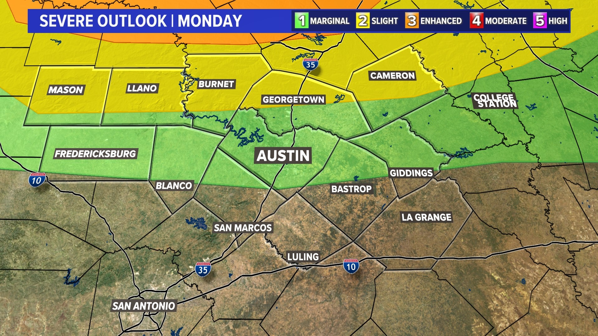 Small chance for 1 or 2 severe storms Monday evening north of Austin ...