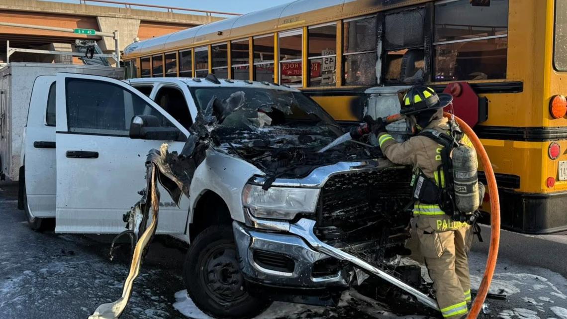 Round Rock school bus evacuated after crash ignites fire | kvue.com