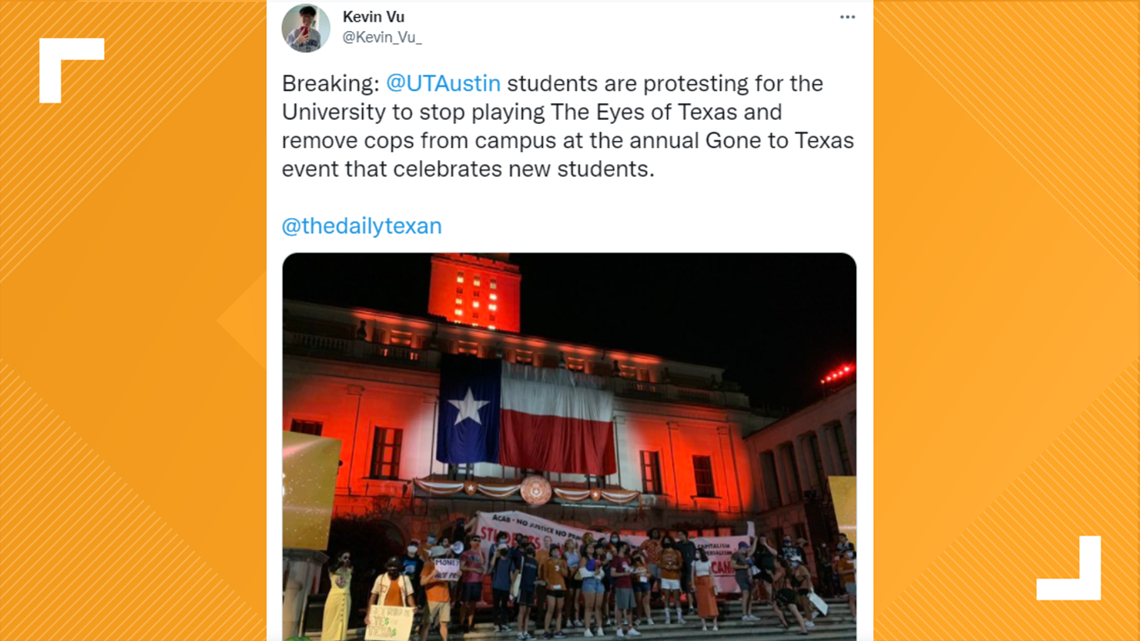 UT students protest 'The Eyes of Texas' song during Gone To Texas event ...